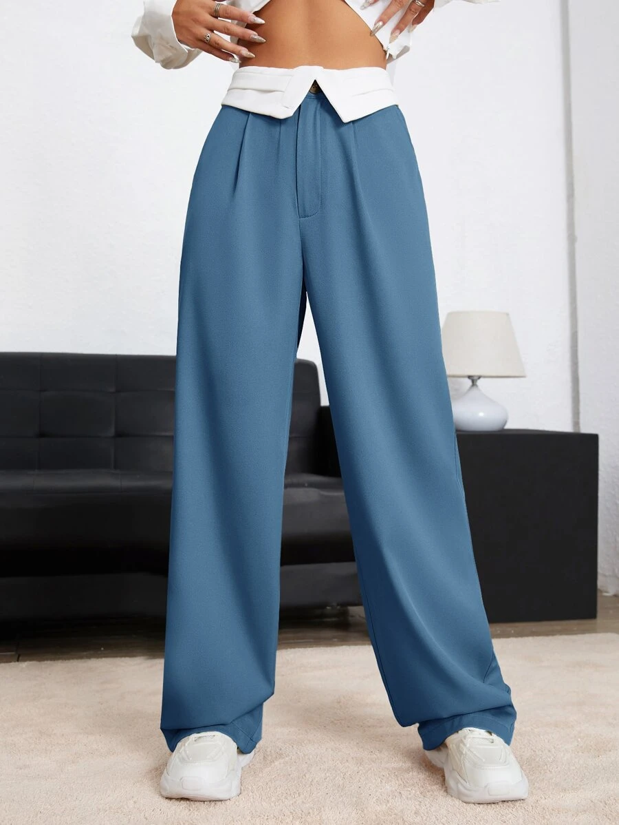SHEIN Privé Wide Leg Pleated Detail Colorblock Pants | SHEIN USA