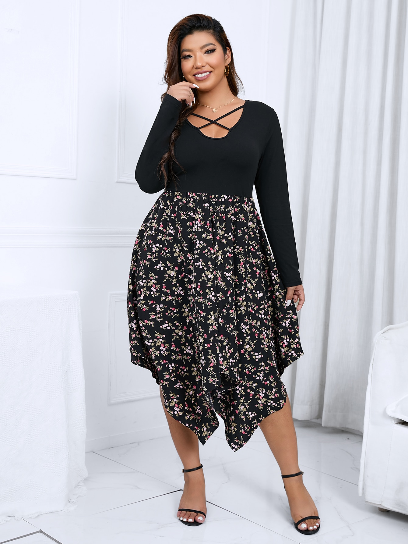 Plus Ditsy Floral Criss Cross Detail Dress Shein Usa