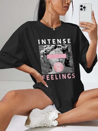 Search Slogan Graphic Drop Shoulder Tee Shein Uk