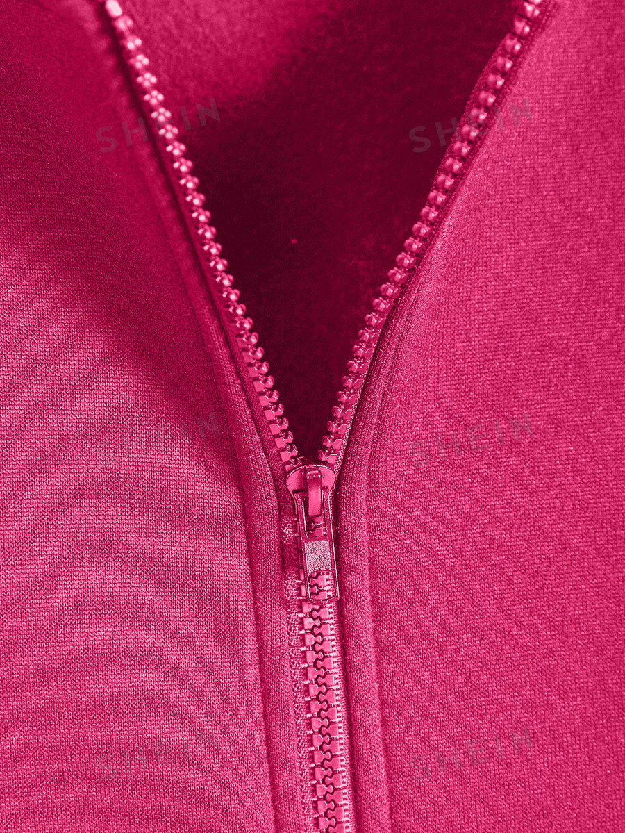Plus Zip Up Drop Shoulder Drawstring Thermal Lined Longline Hoodie Shein