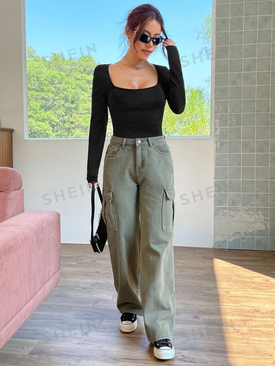 SHEIN Essnce Square Neck Slim Fit Bodysuit | SHEIN USA