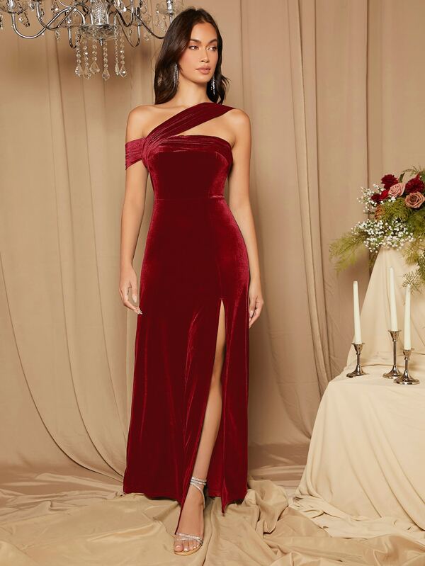 Shein Belle Asymmetrical Shoulder Split Thigh Velvet Bridesmaid Dress