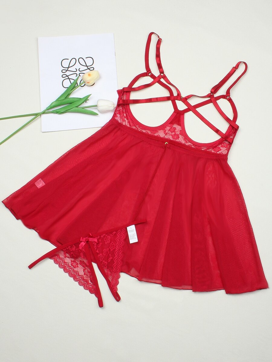 Slips de malla con encaje en contraste con abertura con aro & Tanga ...