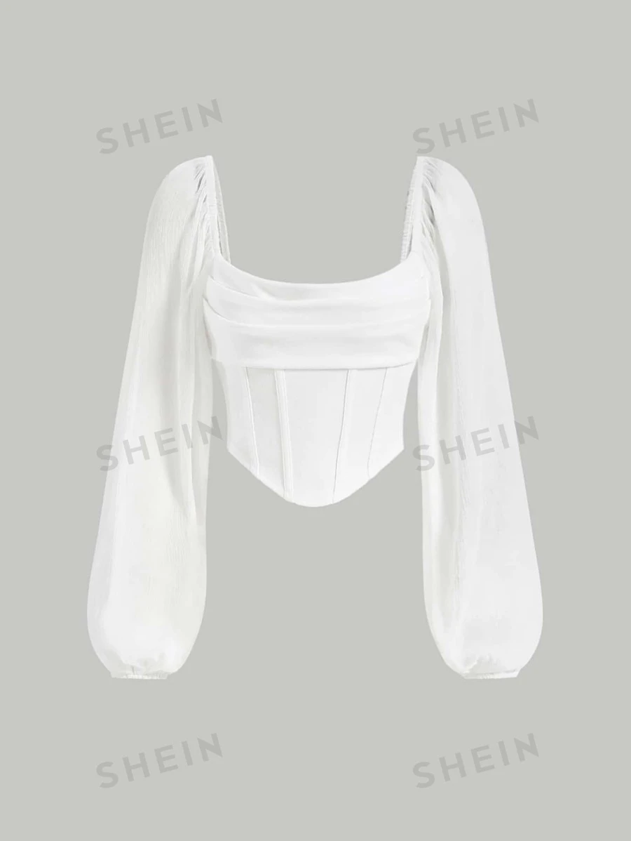 Shein Mod Lantern Sleeve Ruched Scoop Neck Asymmetrical Hem Crop White
