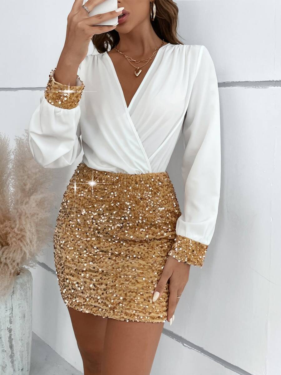 SHEIN Unity Contrast Sequin Surplice Front Bodycon Dress,Ladies Party ...