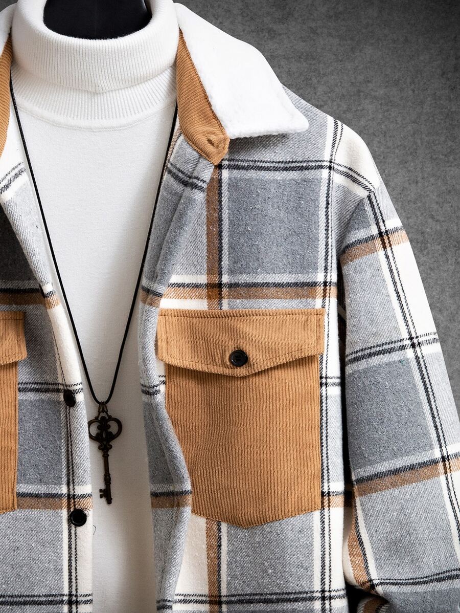 Manfinity Homme Loose Fit Men's Plaid Pattern Overcoat With Flap Pockets And Drop Shoulders ...