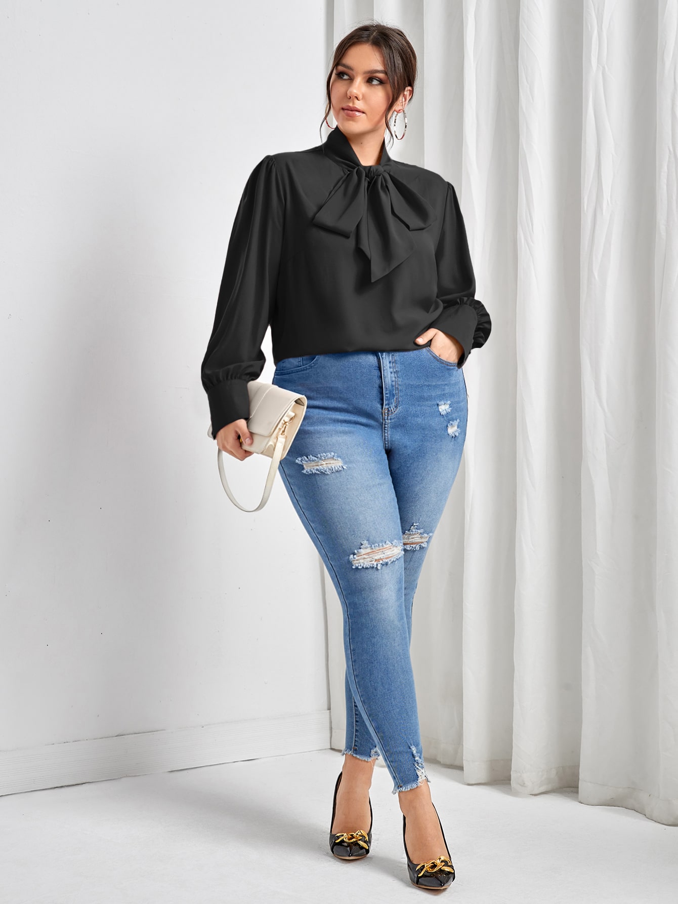 Shein Privé Plus Tie Neck Bishop Sleeve Blouse Shein Uk