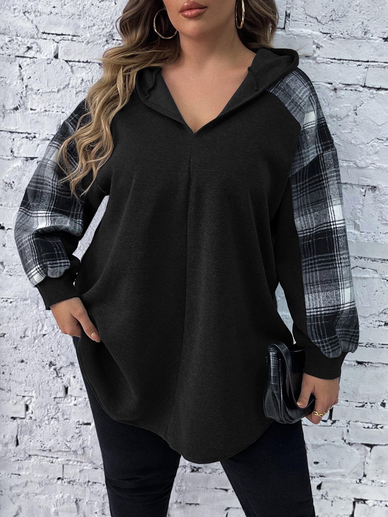 SHEIN LUNE Plus Plaid Raglan Sleeve Hoodie | SHEIN UK