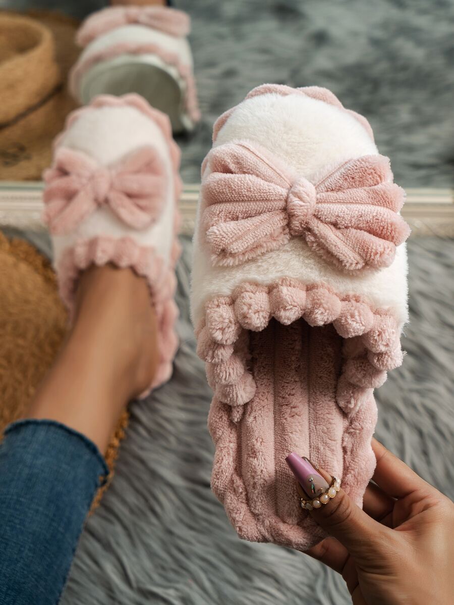 Bow Decor Corduroy Bedroom Slippers,Women's pink flat-headed home ...