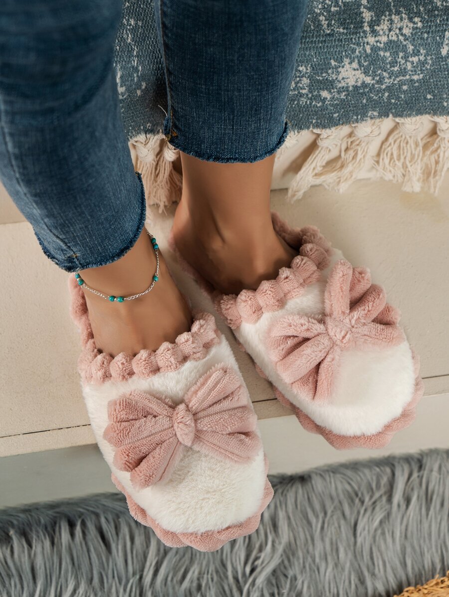 Bow Decor Corduroy Bedroom Slippers,Women's pink flat-headed home ...
