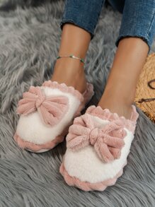 Bow Decor Corduroy Bedroom Slippers,Women's pink flat-headed home ...