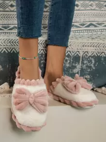 Bow Decor Corduroy Bedroom Slippers,Women's pink flat-headed home ...