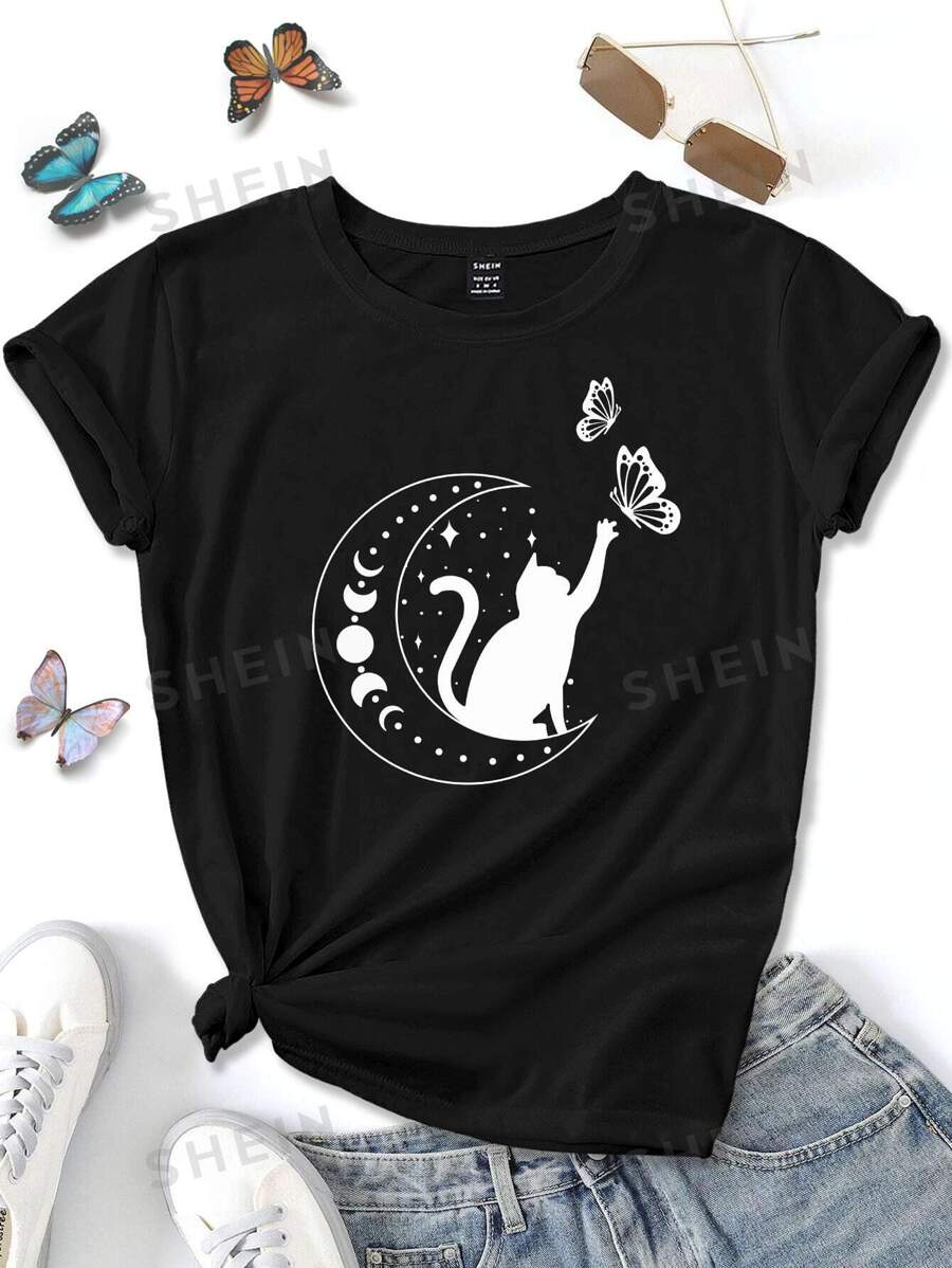 SHEIN EZwear Cat And Butterfly Print Tee | SHEIN UK