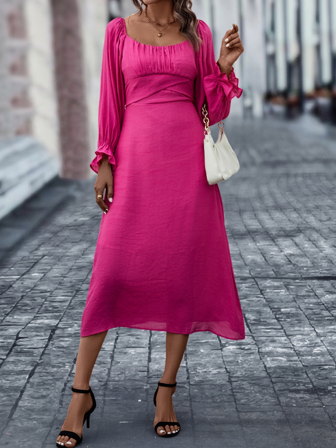 Shein Essnce Tie Back Flounce Sleeve Ruched Bust Dress Shein Usa