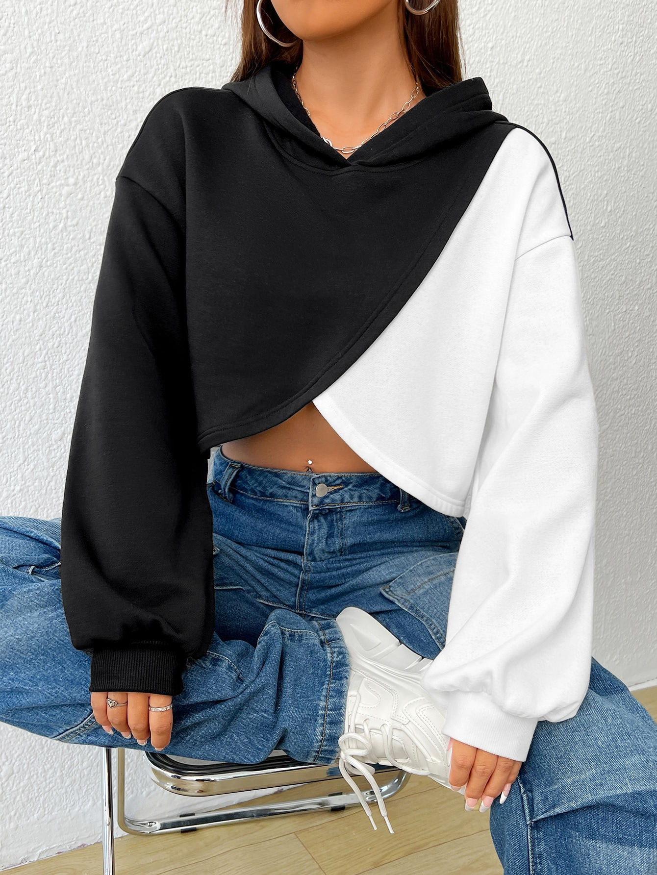 Shein Ezwear Two Tone Drop Shoulder Crop Hoodie Shein Usa