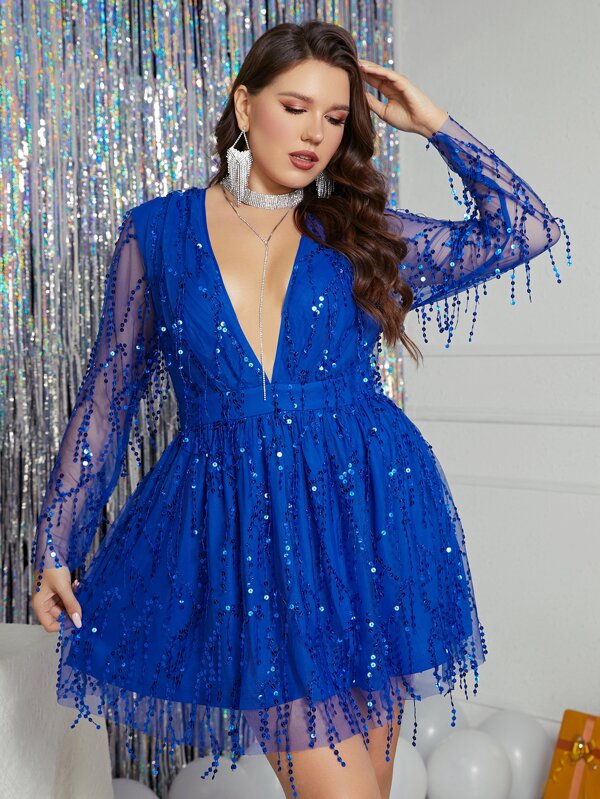 Double Crazy Plus Plunging Neck Sequin Detail Mesh Overlay Dress ...