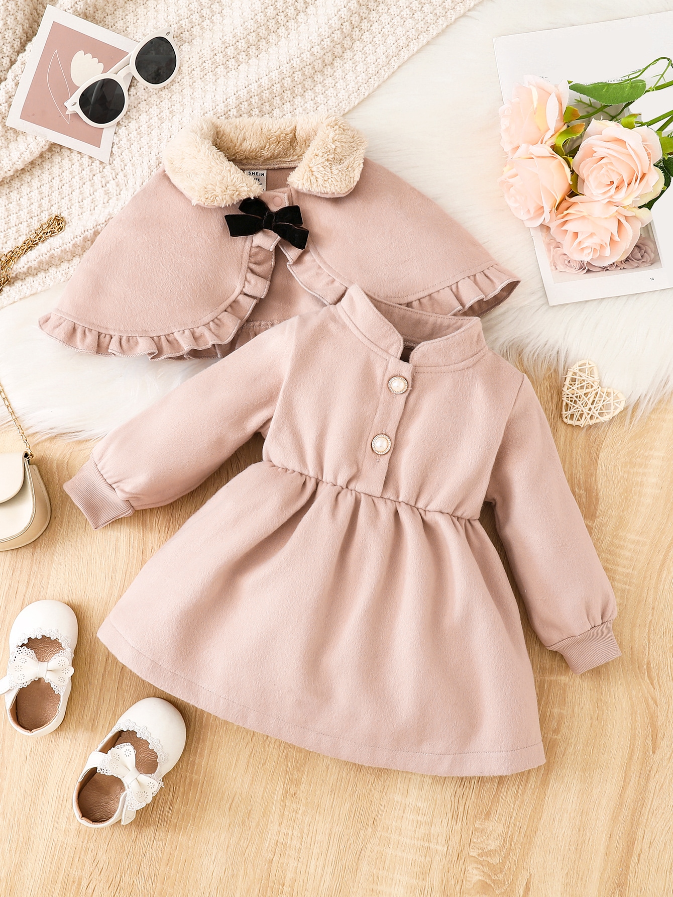 Baby Borg Collar Bow Front Cape Coat & Half Button Dress