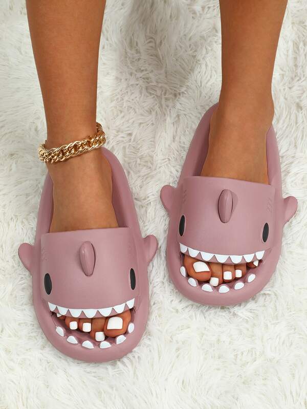 Shark Design Single Band Slides, Lavender Preppy Style Cartoon Slippers ...