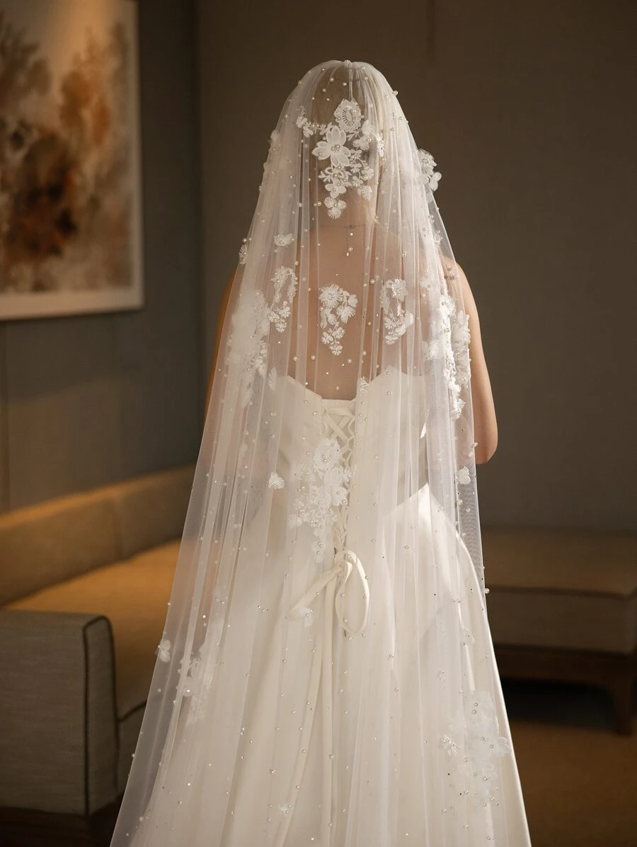 1pc Elegant Floral Embroidered Mesh Faux Pearl Applique Decor Bridal ...