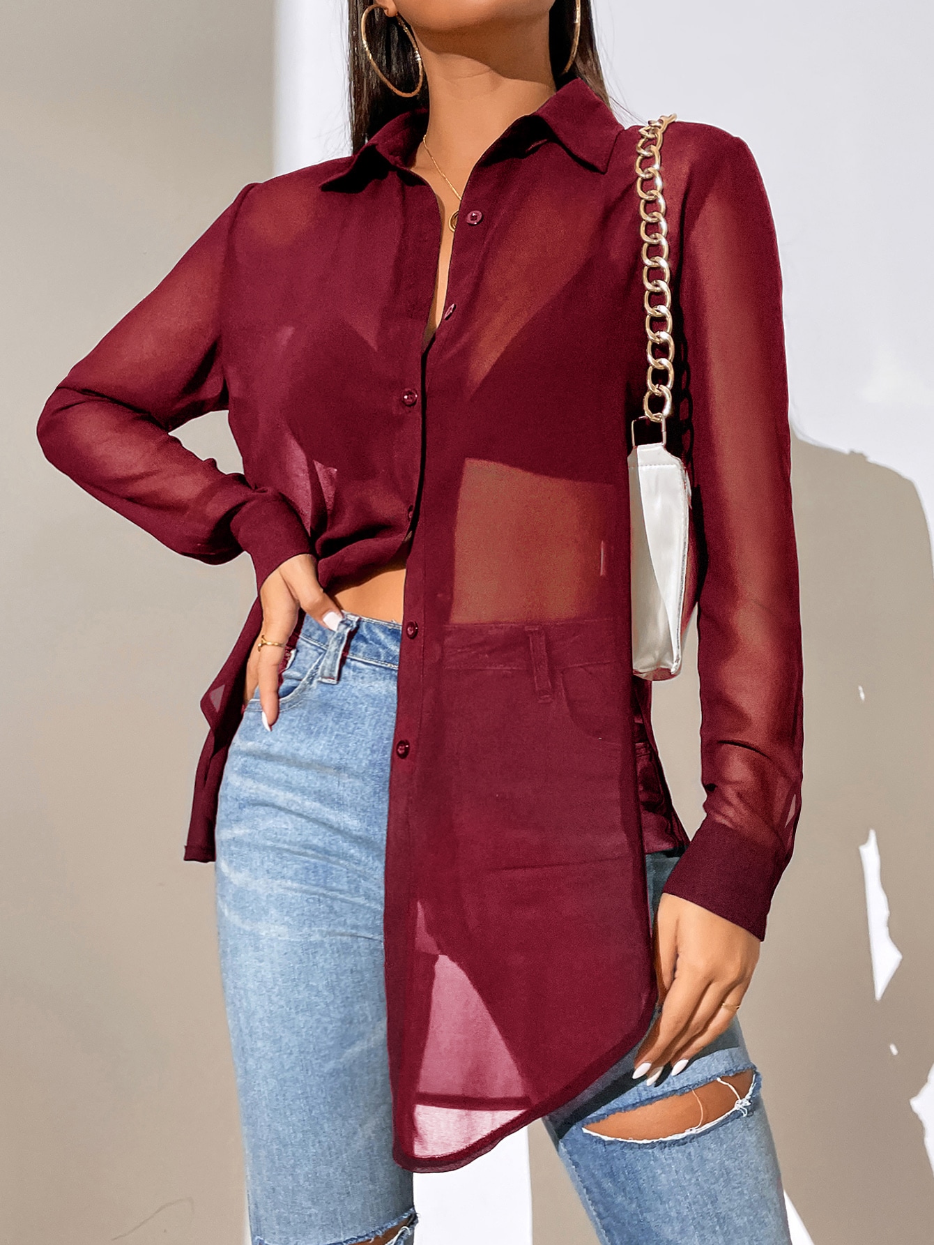 Sheer Button Front Split Side Shirt | SHEIN UK