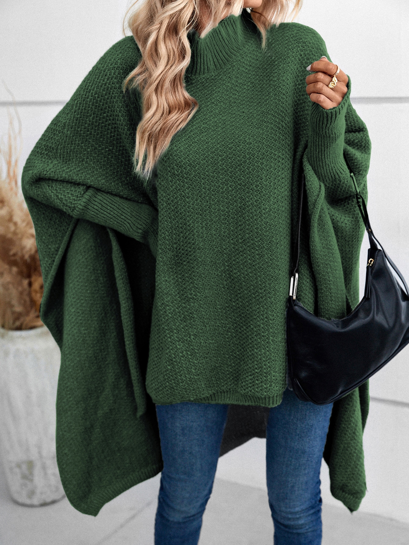 SHEIN LUNE Batwing Sleeve High Low Split Hem Knit Poncho | SHEIN UK