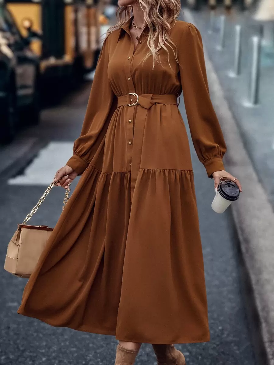 SHEIN LUNE Lantern Sleeve Ruffle Hem Belted Shirt Dress Maxi Women ...