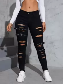 SHEIN ICON Grommet Buckle Detail Ripped Skinny Jeans | SHEIN USA
