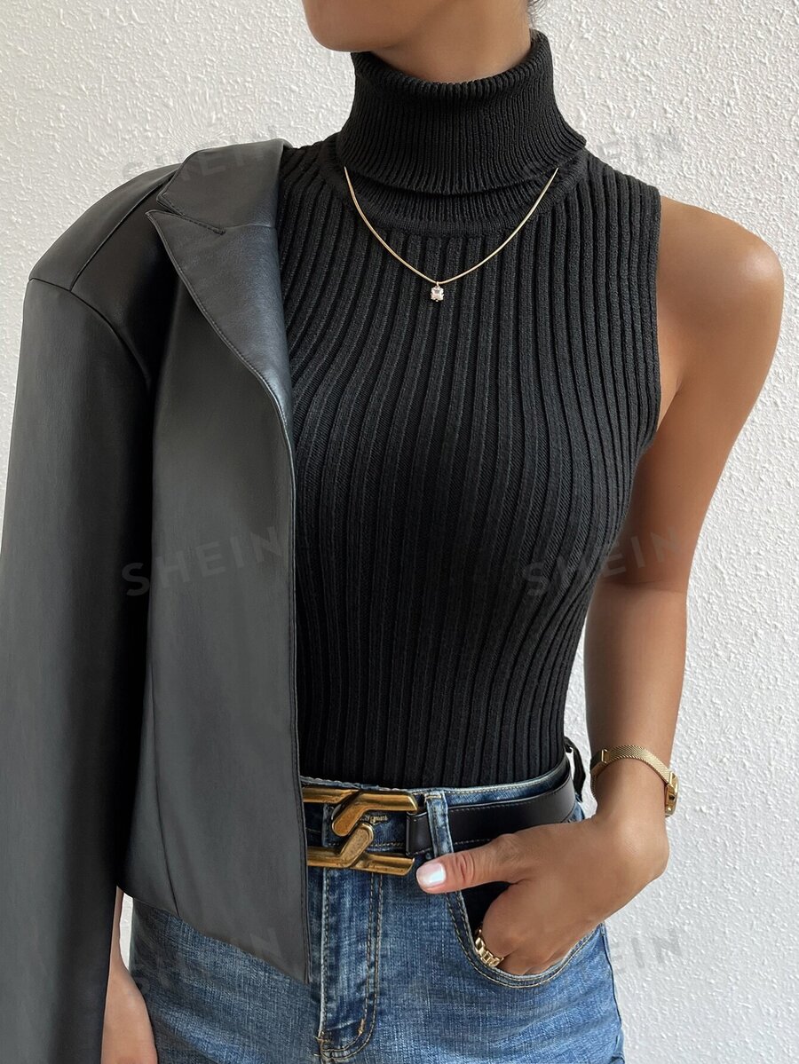 SHEIN Frenchy Turtle Neck Ribbed Knit Top | SHEIN UK