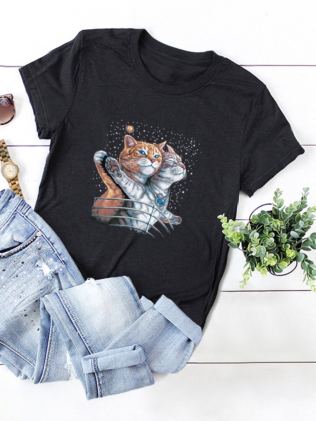 SHEIN Essnce Cat Print Short Sleeve Tee | SHEIN UK