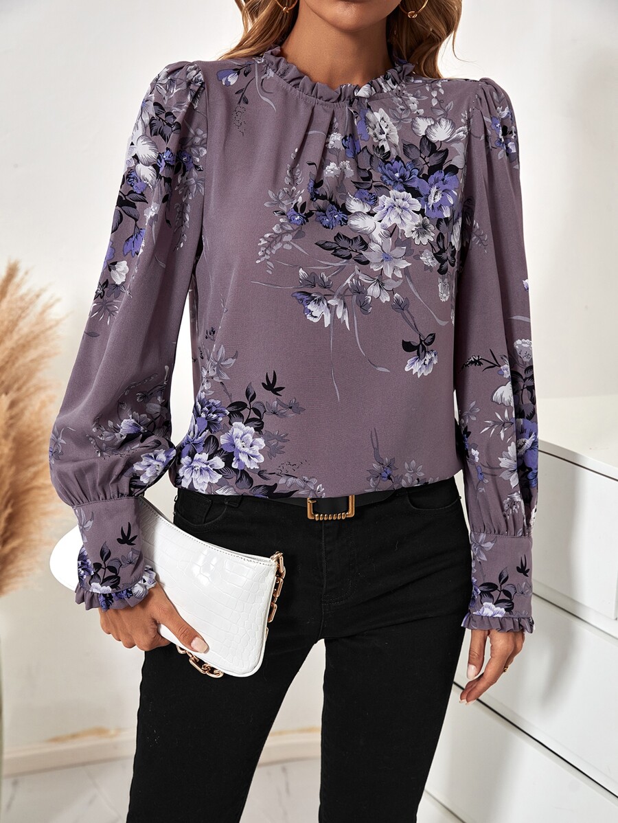 Shein Lune Floral Print Frilled Neck Flounce Sleeve Blouse Shein