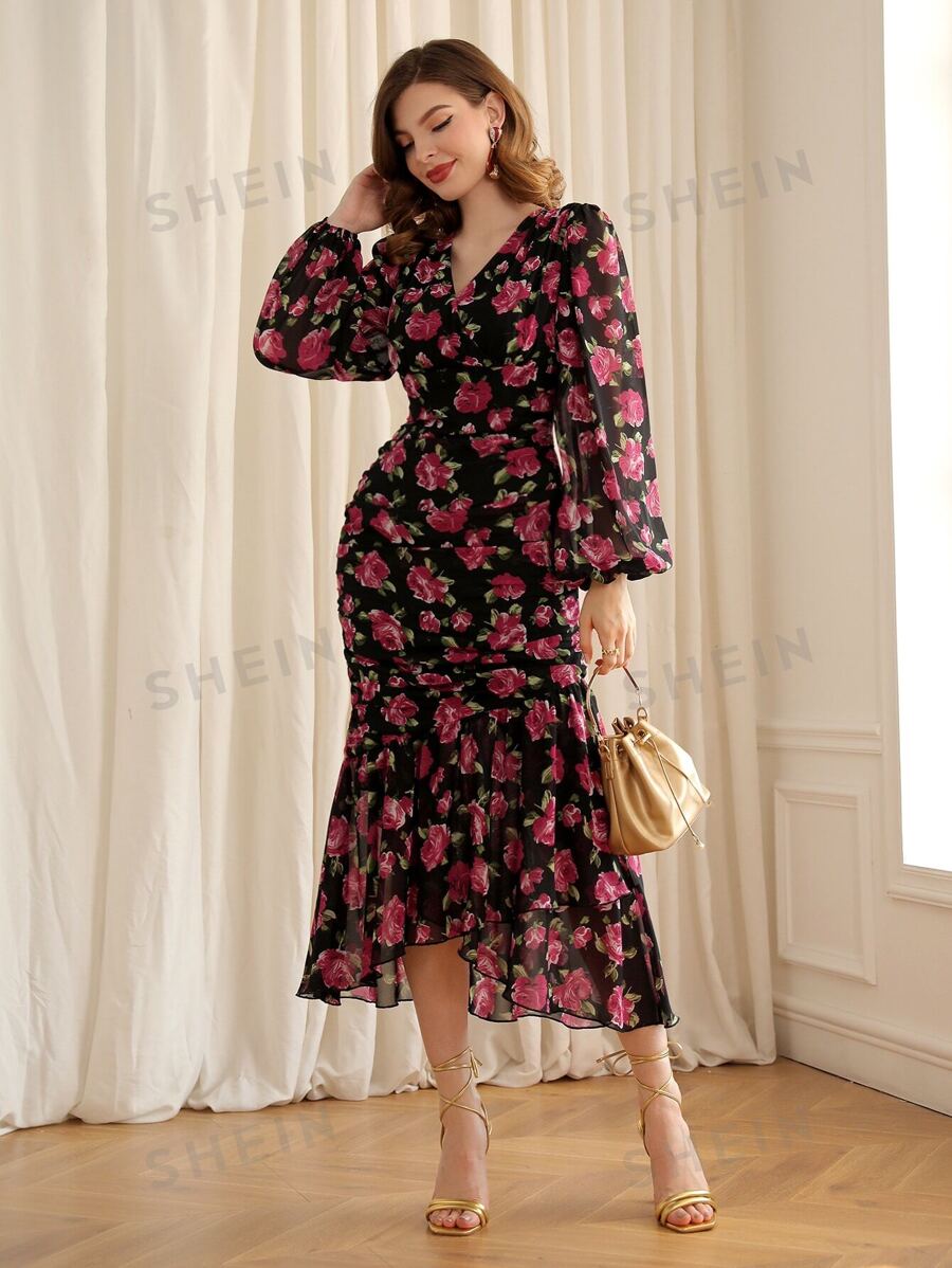 SHEIN Modely Vestido con estampado floral de manga farol fruncido bajo ...