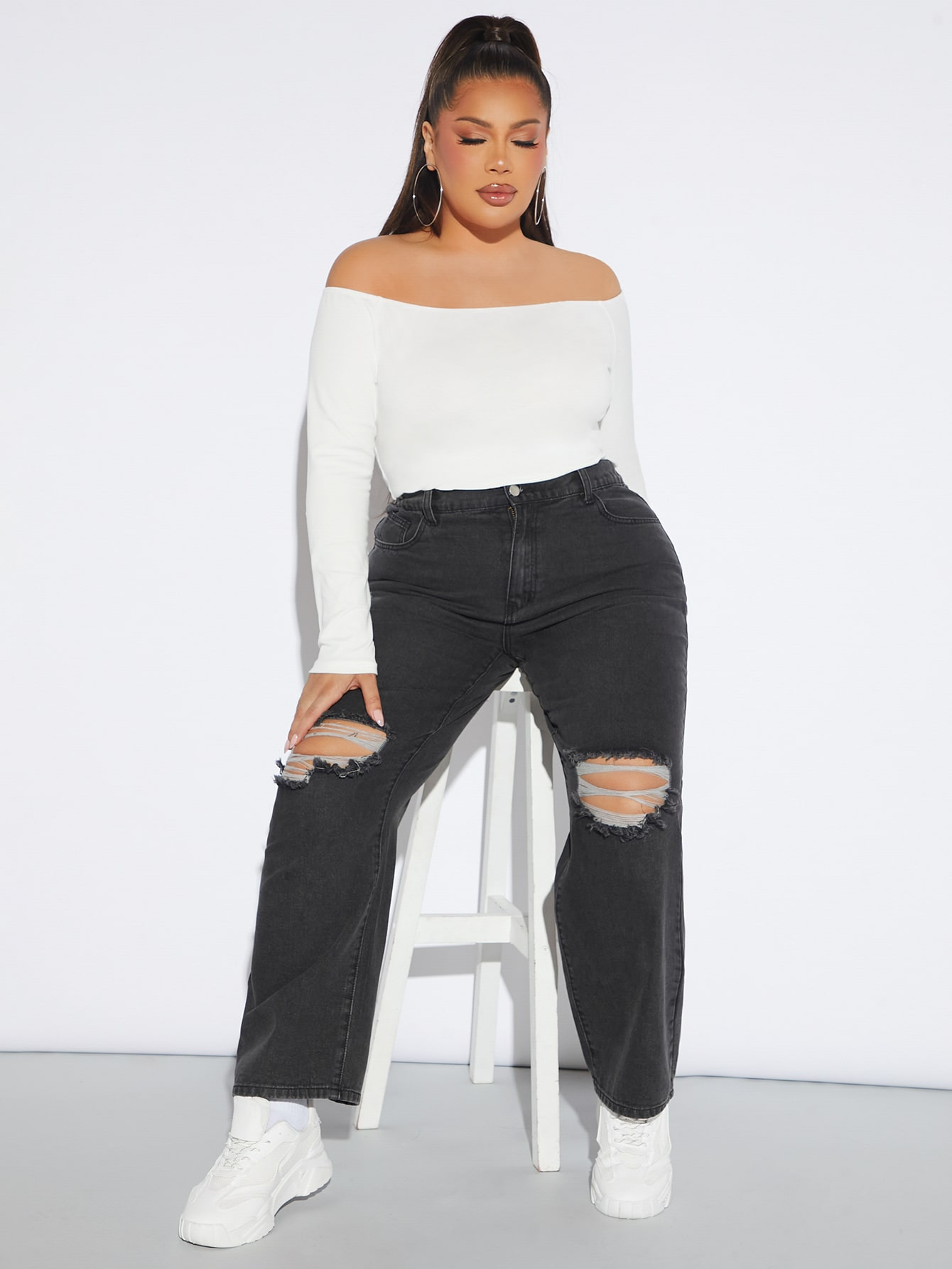 Shein Sxy Plus High Waist Ripped Straight Leg Jeans Shein Usa