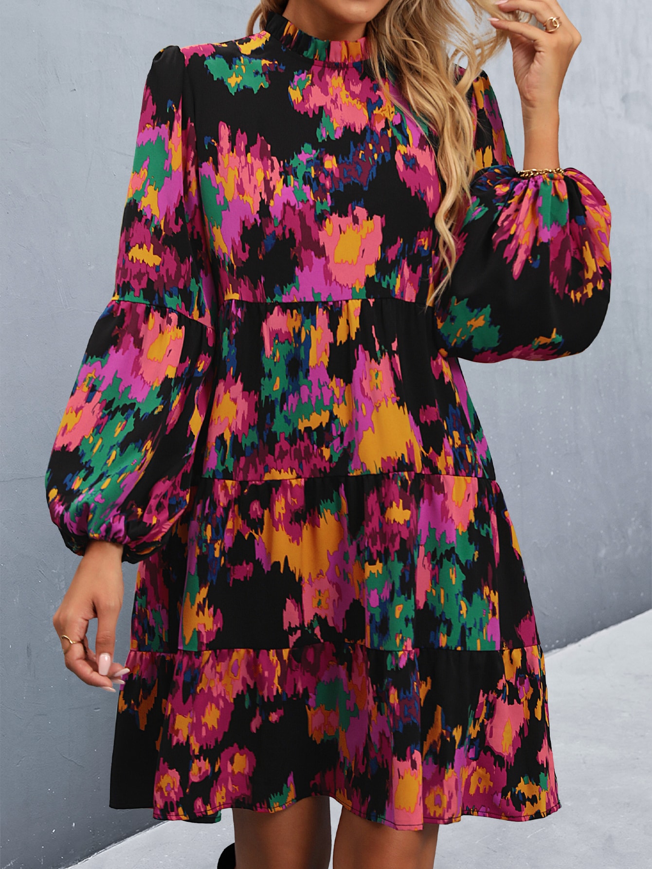 Allover Print Mock Neck Ruffle Hem Dress