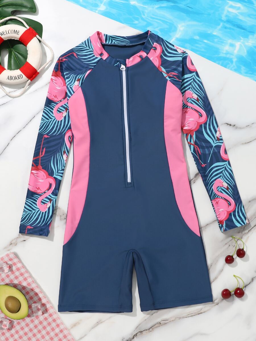 Tween Girl Flamingo Print Zip Front One Piece Swimsuit | SHEIN USA