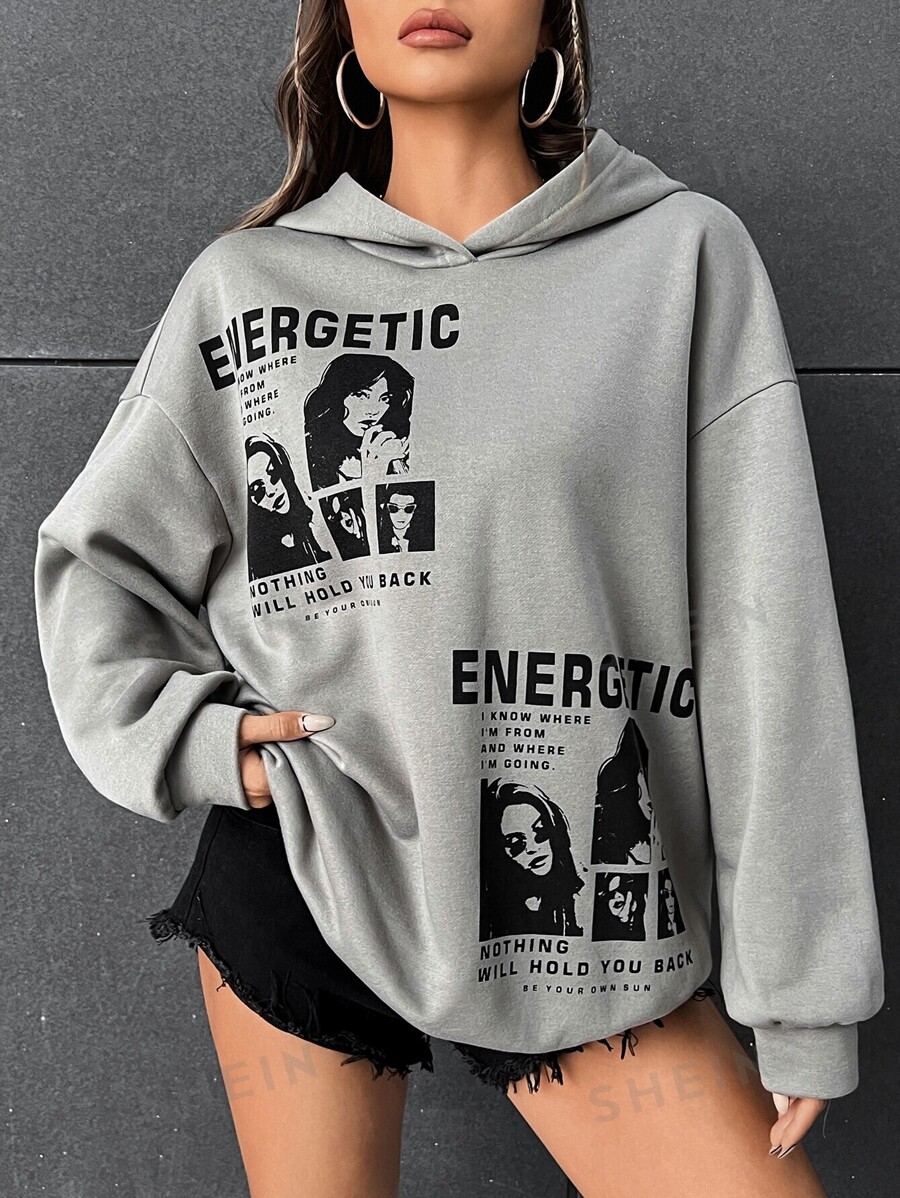 SHEIN EZwear هودي بياقة مسقطة مع رسوم بيانية وشعار ENERGETIC أنا أعرف ...