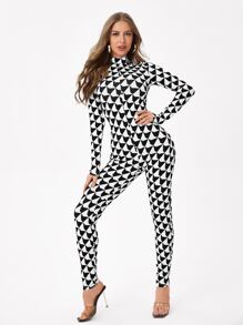 Nicci Hou Geo Print Mock Neck Unitard Jumpsuit | SHEIN USA