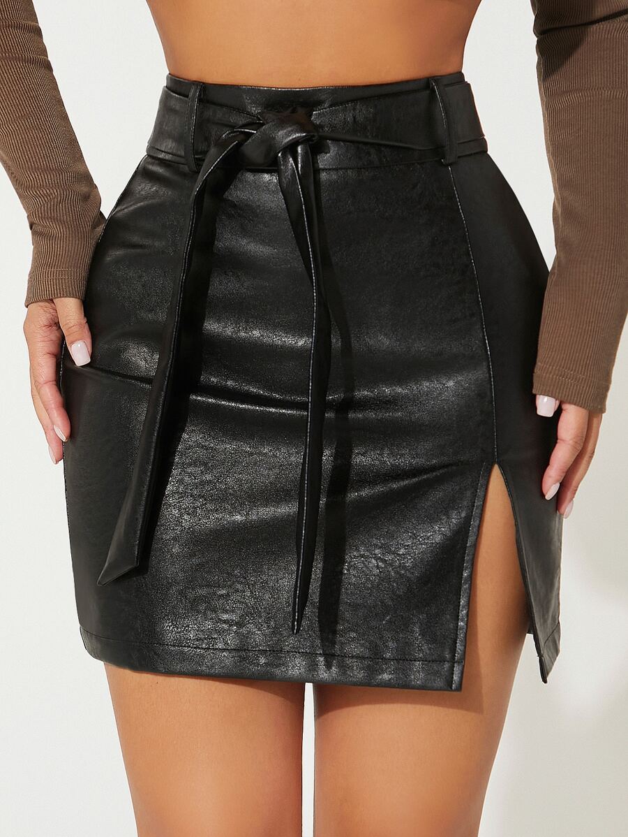 SHEIN PETITE Split Hem Belted PU Leather Skirt | SHEIN USA