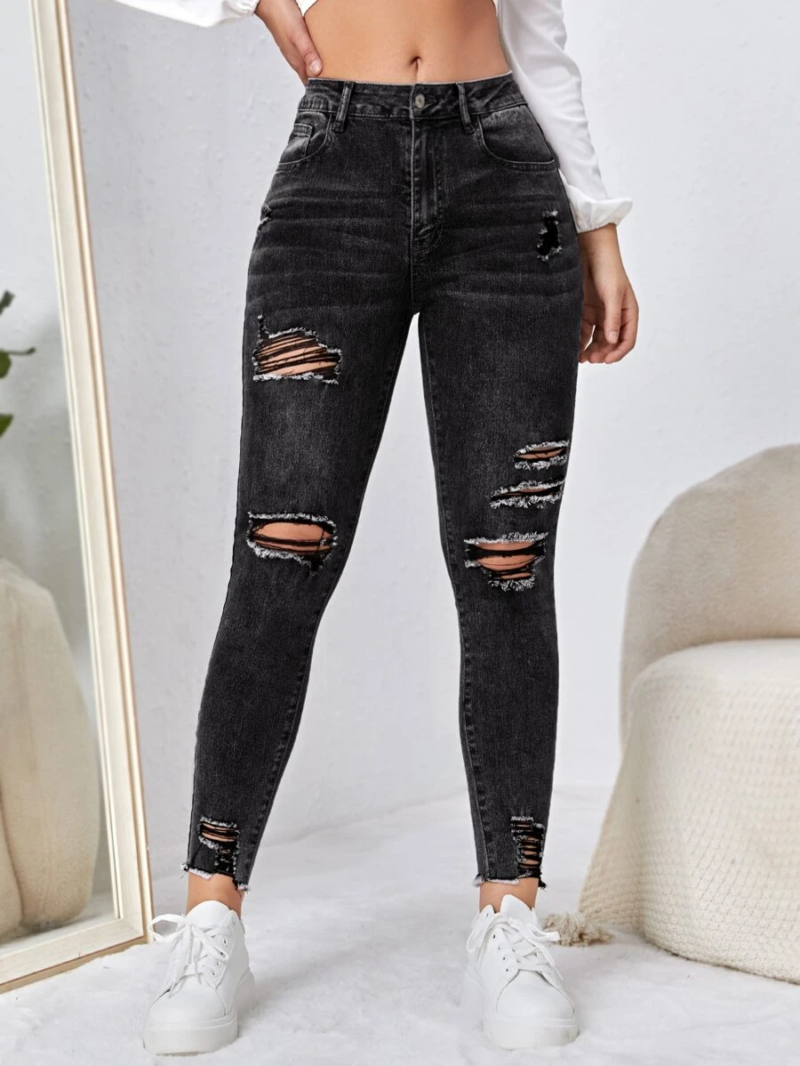 High Waist Ripped Moustache Effect Skinny Jeans | SHEIN USA