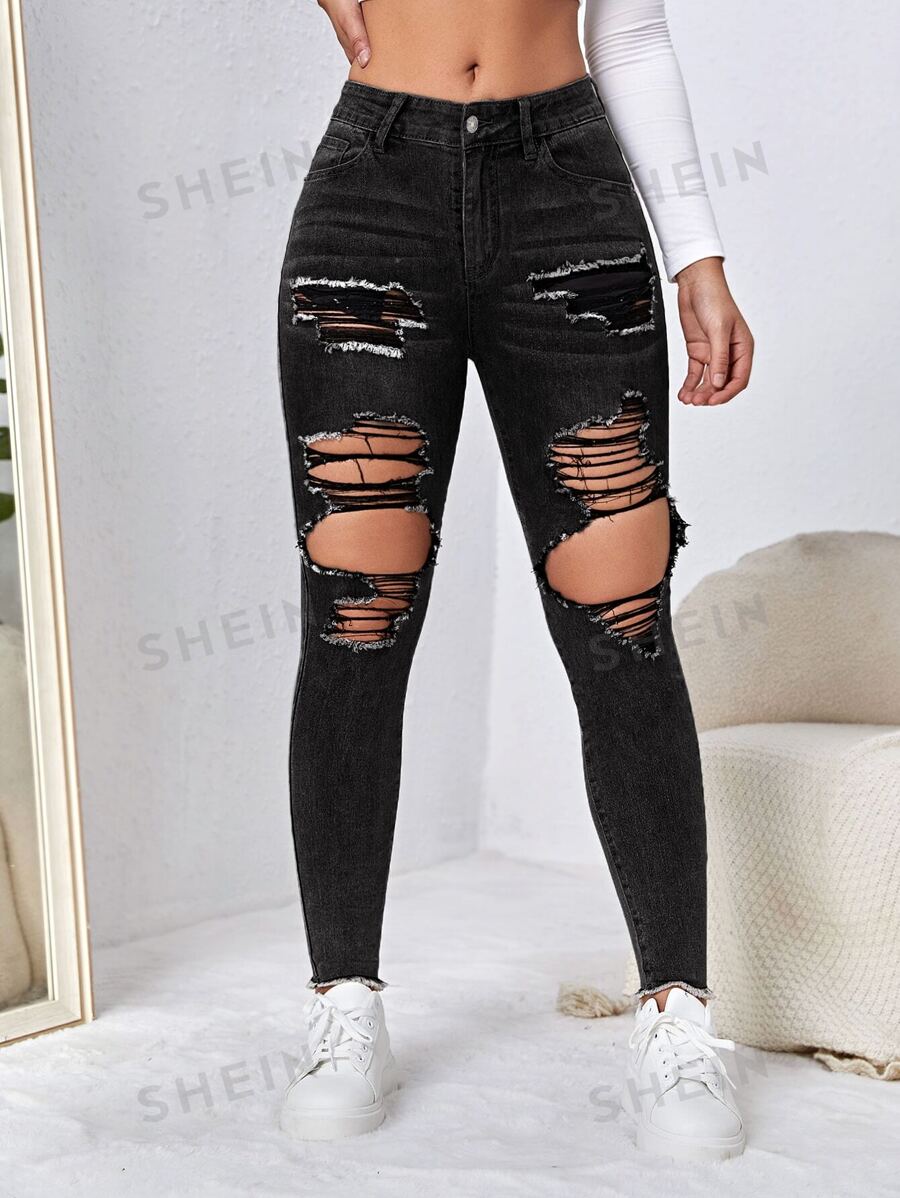 Shein Ezwear Ripped Cut Out Skinny Jeans Shein Usa