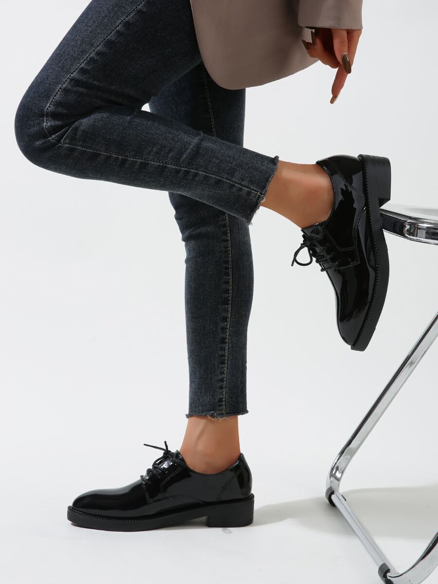 Minimalist Lace-Up Front Oxford Shoes, Black Elegant Solid Color Oxford ...