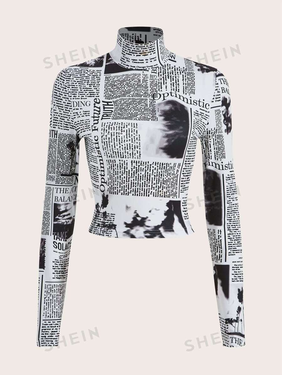 SHEIN EZwear Newspaper Print Mock Neck Crop Tee | SHEIN USA