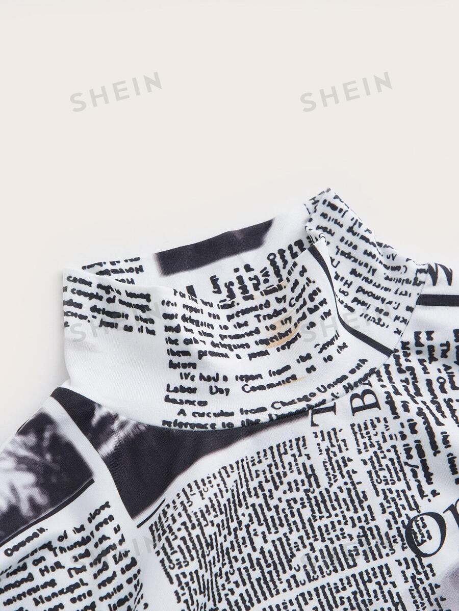 SHEIN EZwear Newspaper Print Mock Neck Crop Tee | SHEIN USA