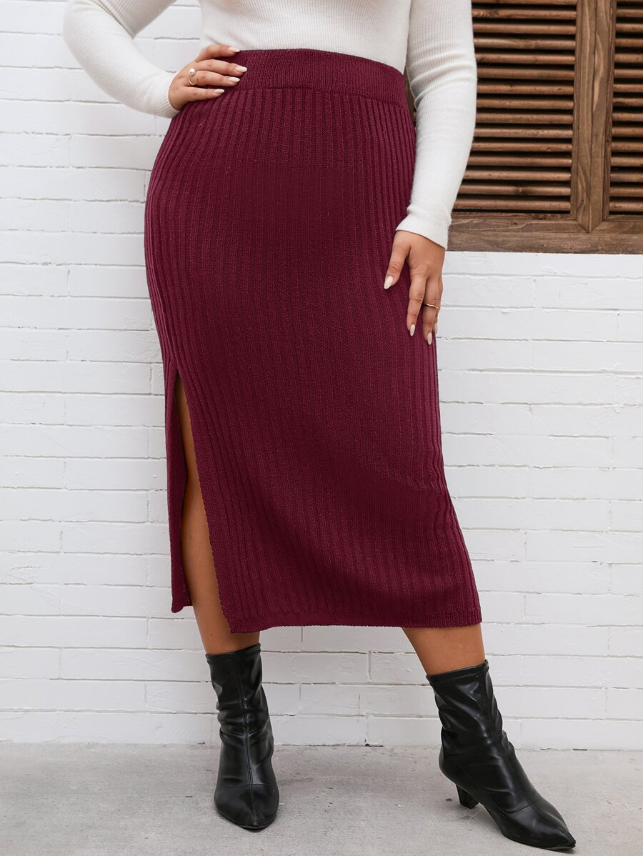 Plus Solid Side Split Knit Skirt | SHEIN USA