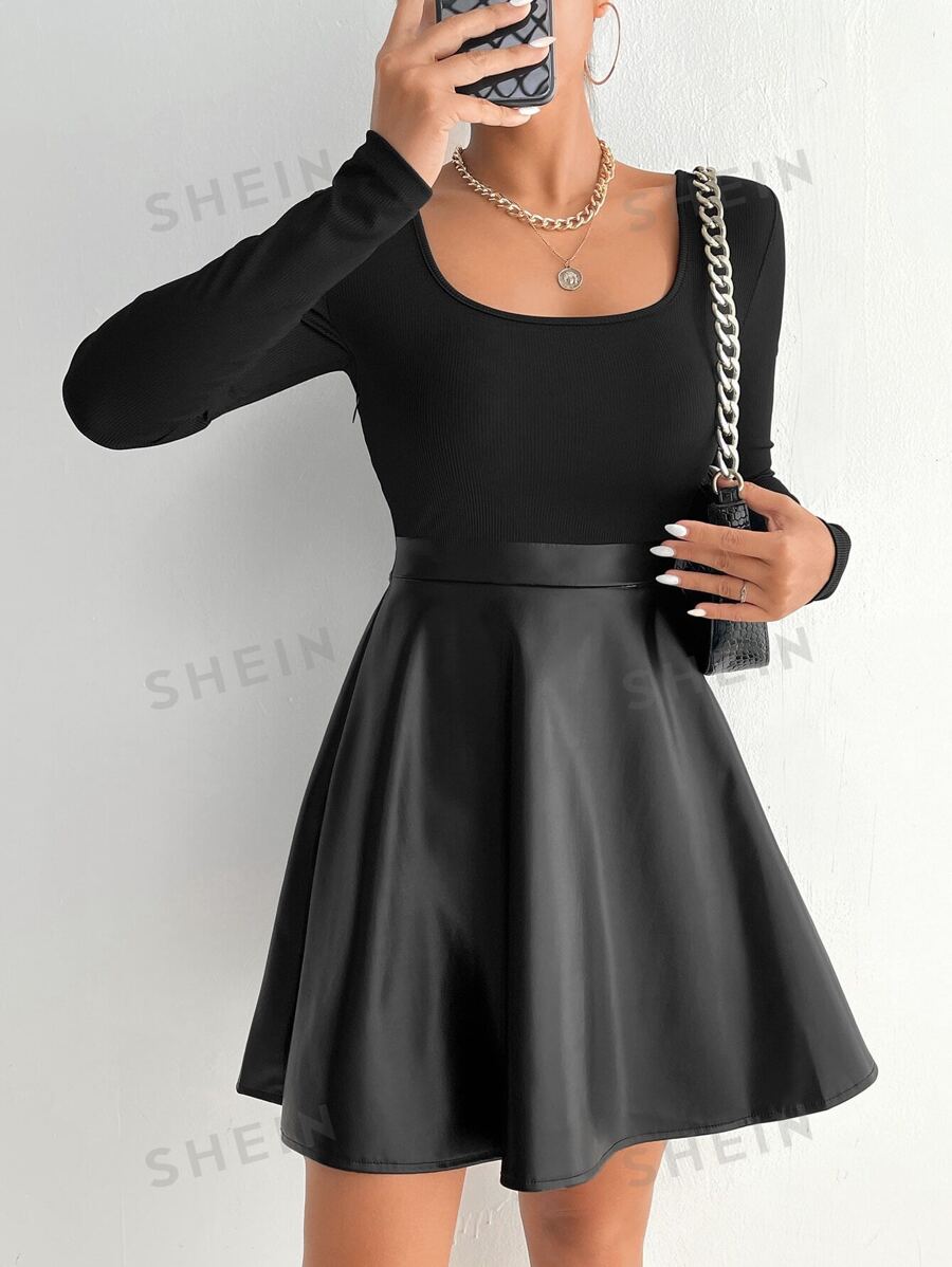 SHEIN PETITE Scoop Neck PU Leather Dress | SHEIN USA