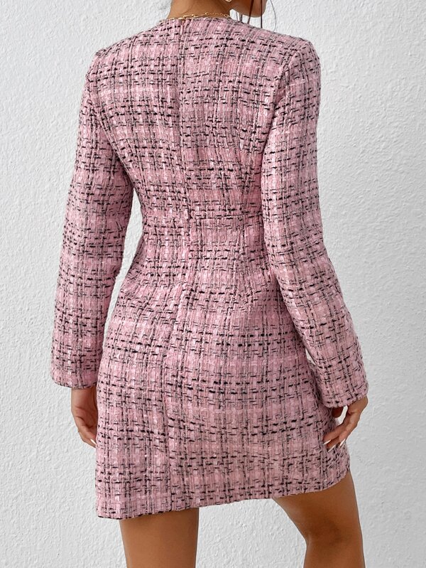 SHEIN Essnce Plaid Pattern Flap Detail Tweed Dress | SHEIN USA