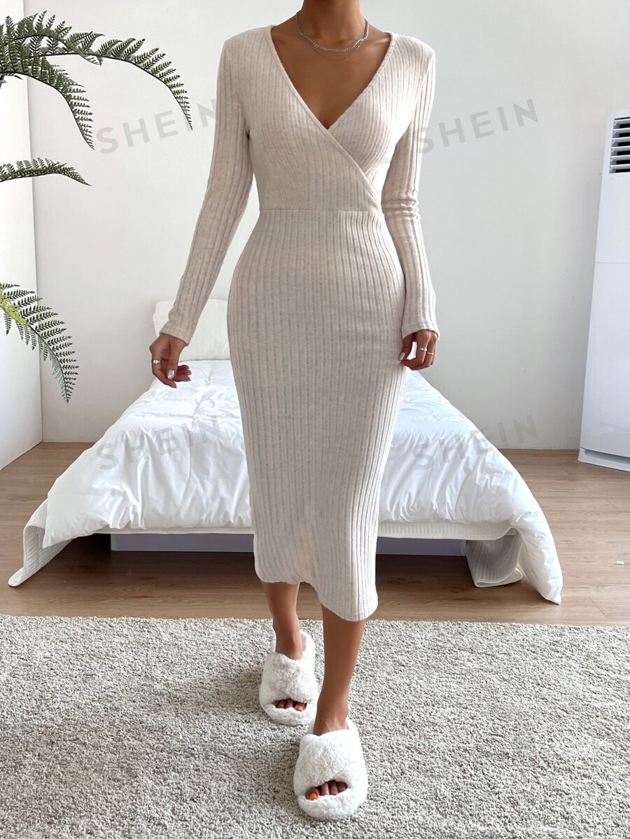 SHEIN Essnce Surplice Neck Ribbed Knit Bodycon Dress | SHEIN UK