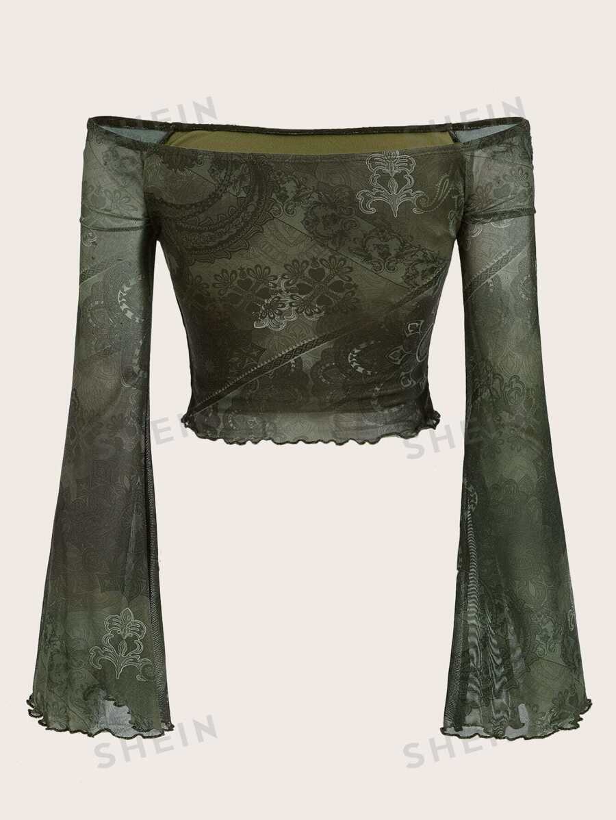 SHEIN ICON Floral Print Off Shoulder Trumpet Sleeve Y2K Grunge Crop ...