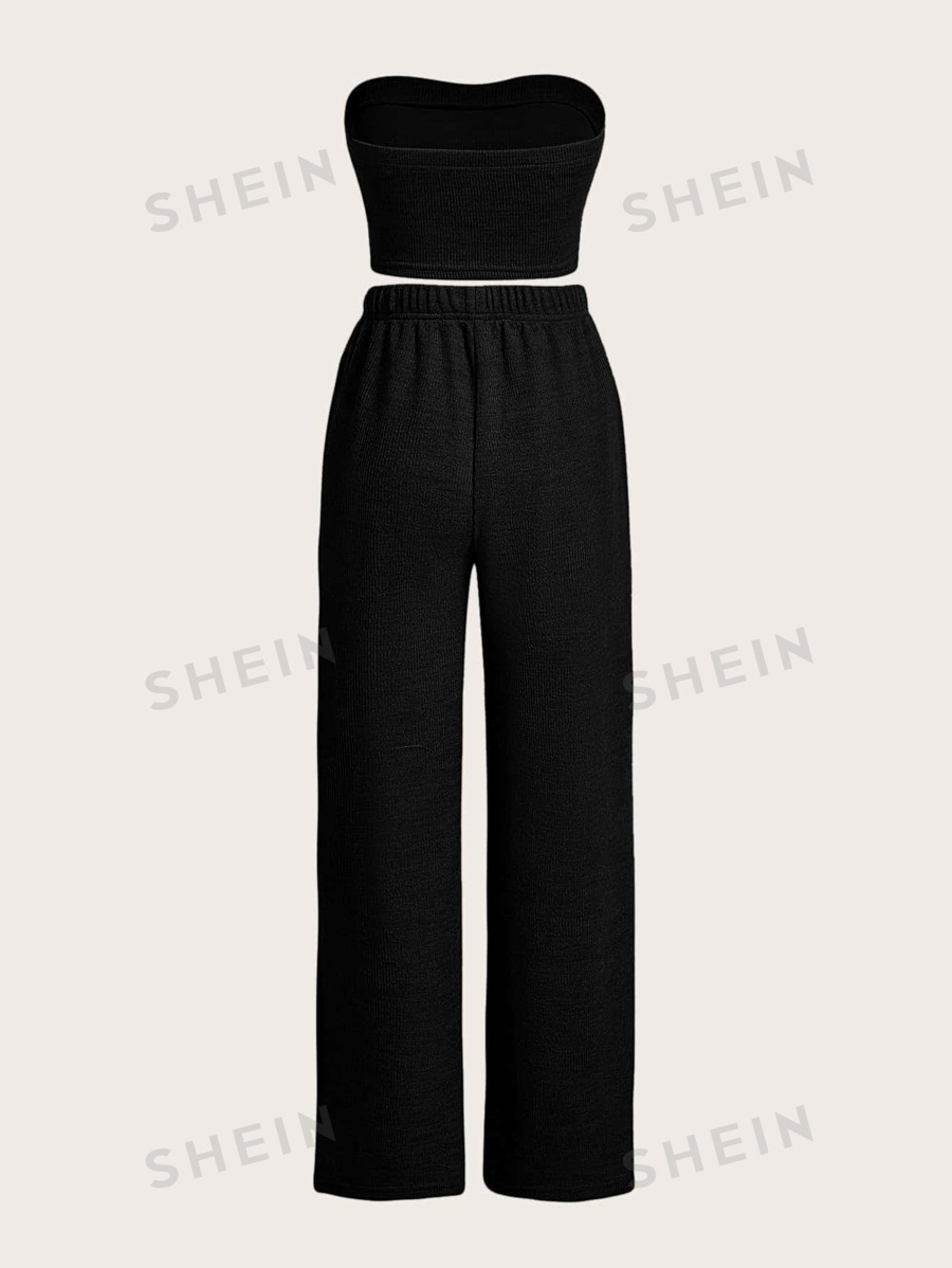 SHEIN EZwear Crop Tube Top & Wide Leg Trousers Set | SHEIN UK