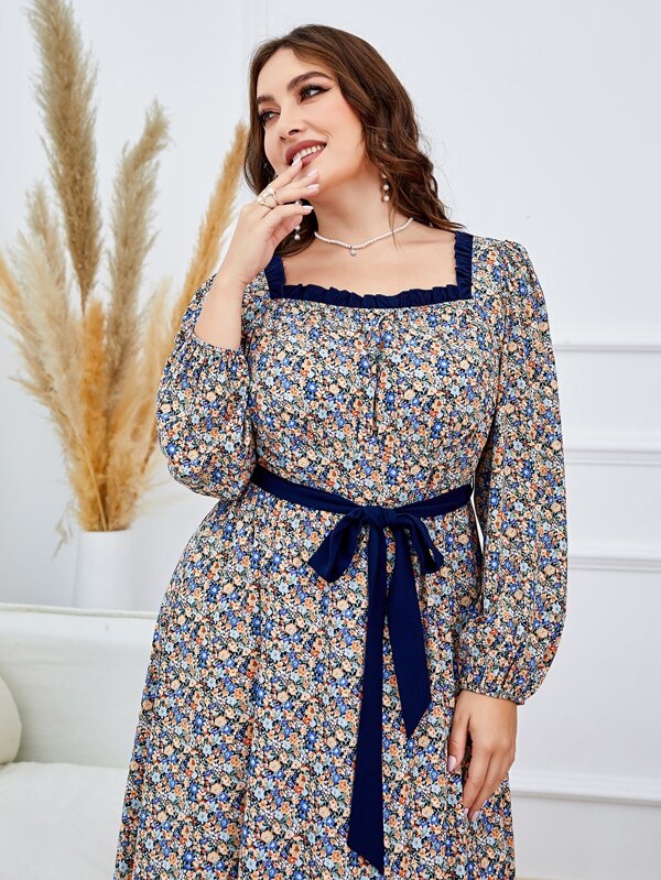 SHEIN Mulvari Plus Ditsy Floral Print Square Neck Lantern Sleeve Belted Dress | SHEIN USA