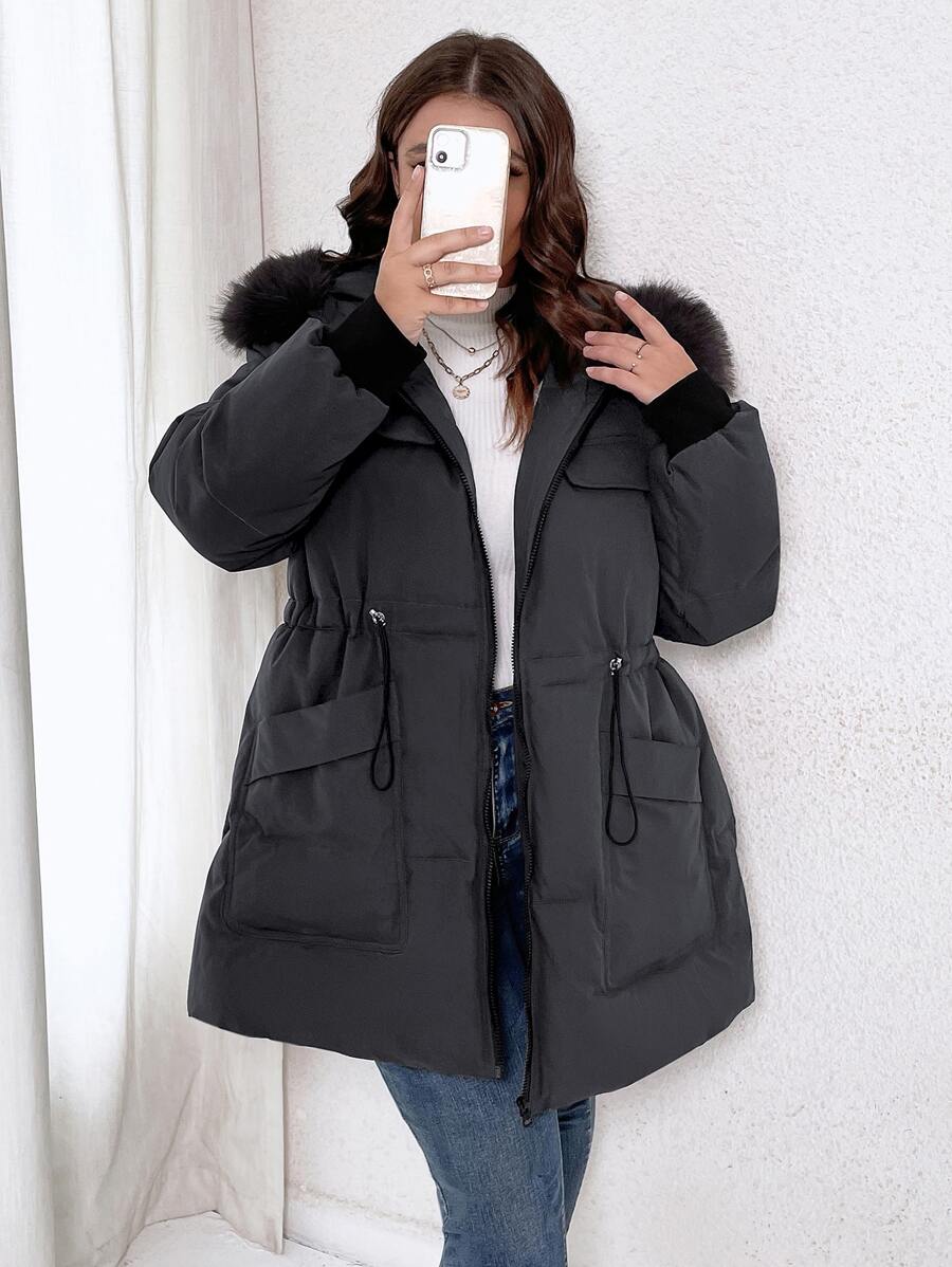 SHEIN Essnce Plus Drawstring Waist Fuzzy Trim Hooded Parka Coat | SHEIN Malaysia